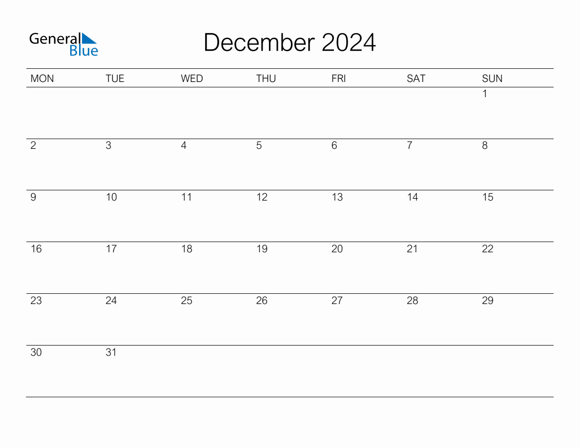 Printable December 2024 Monthly Calendar - Monday Start
