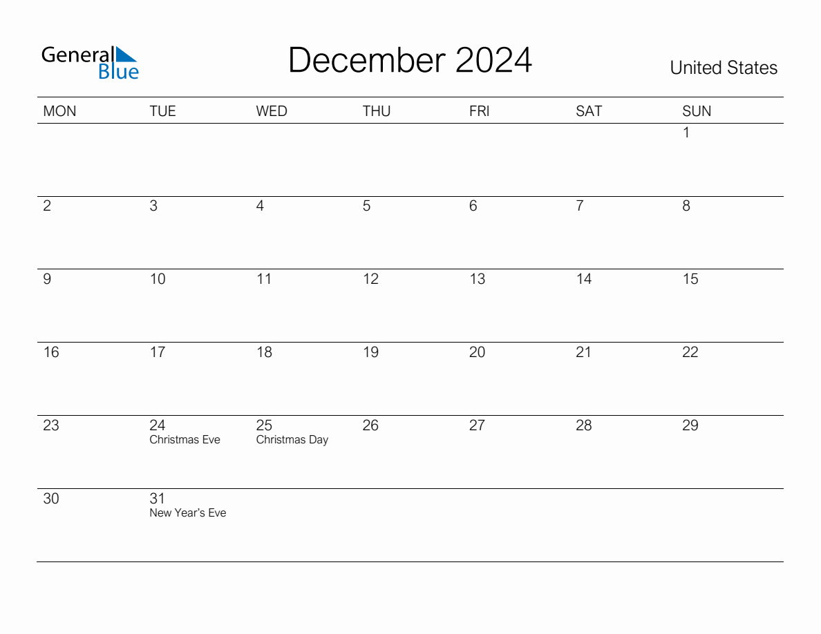 Printable December 2024 Monthly Calendar with Holidays for United ...