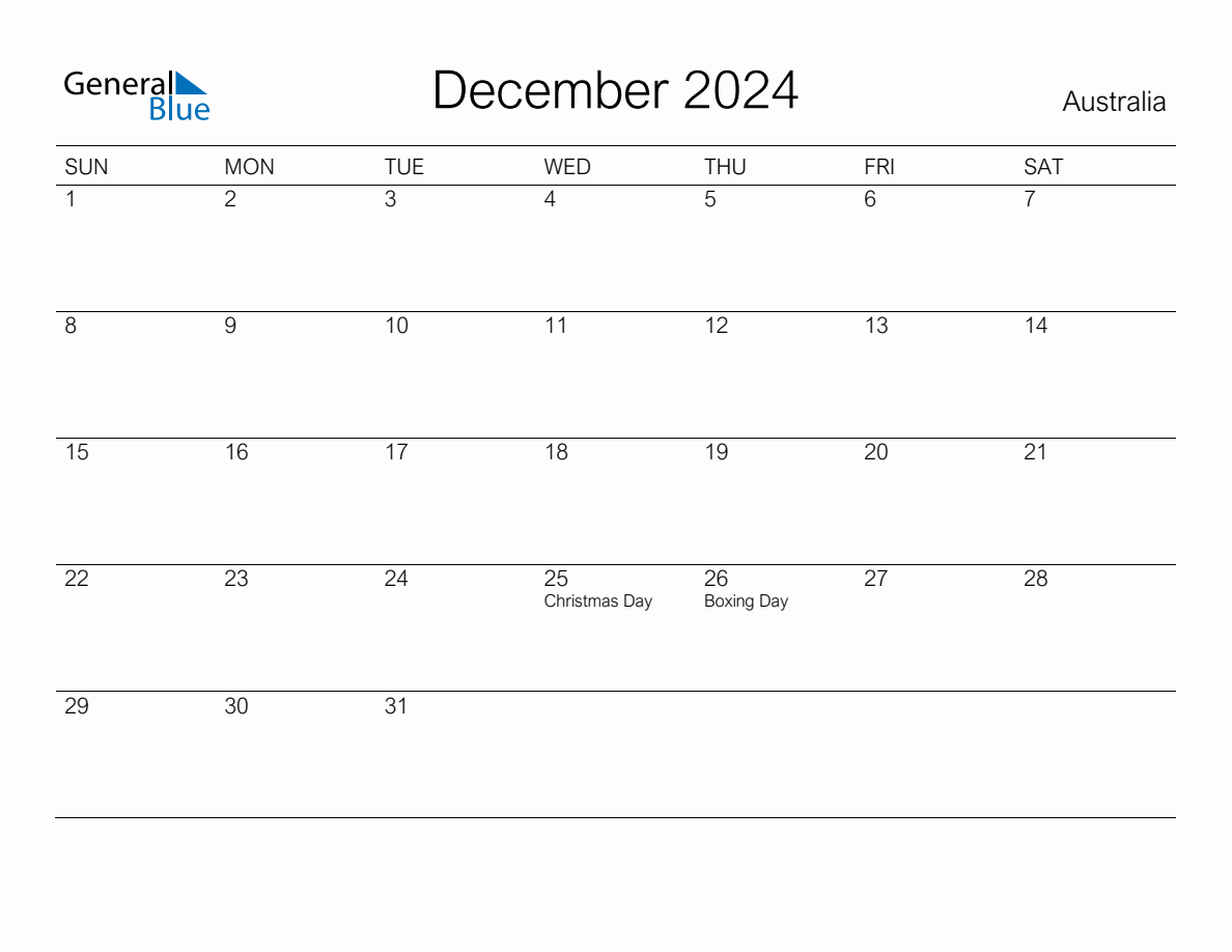 Printable December 2024 Monthly Calendar with Holidays for Australia