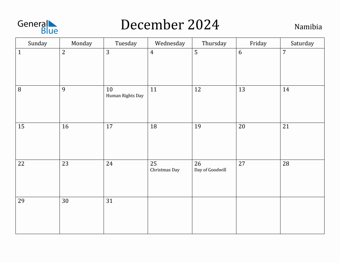 December 2024 Monthly Calendar with Namibia Holidays