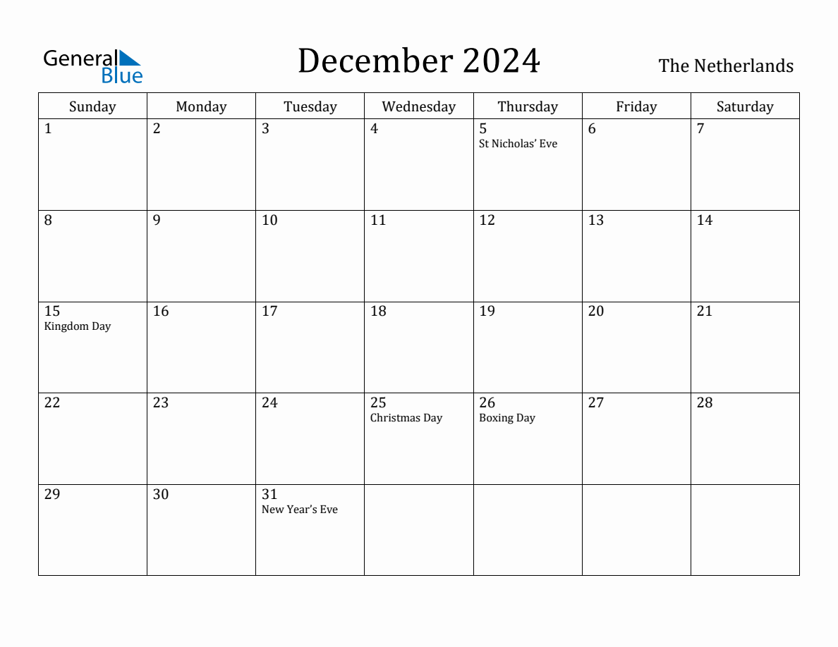 December 2024 Monthly Calendar with The Netherlands Holidays