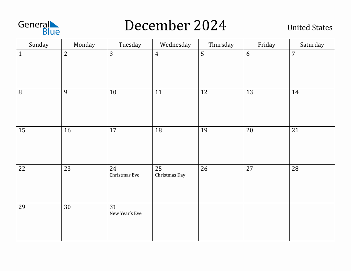 December 2024 Monthly Calendar with United States Holidays