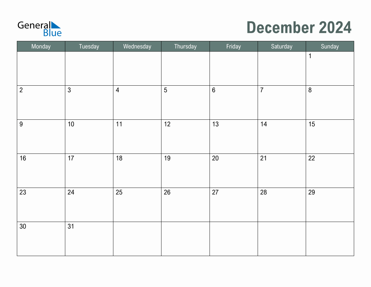 Blank December 2024 Monthly Calendar Template - Monday Start