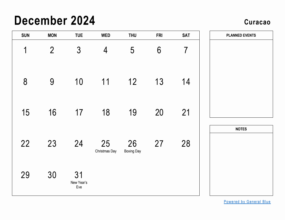 December 2024 Planner with Curacao Holidays