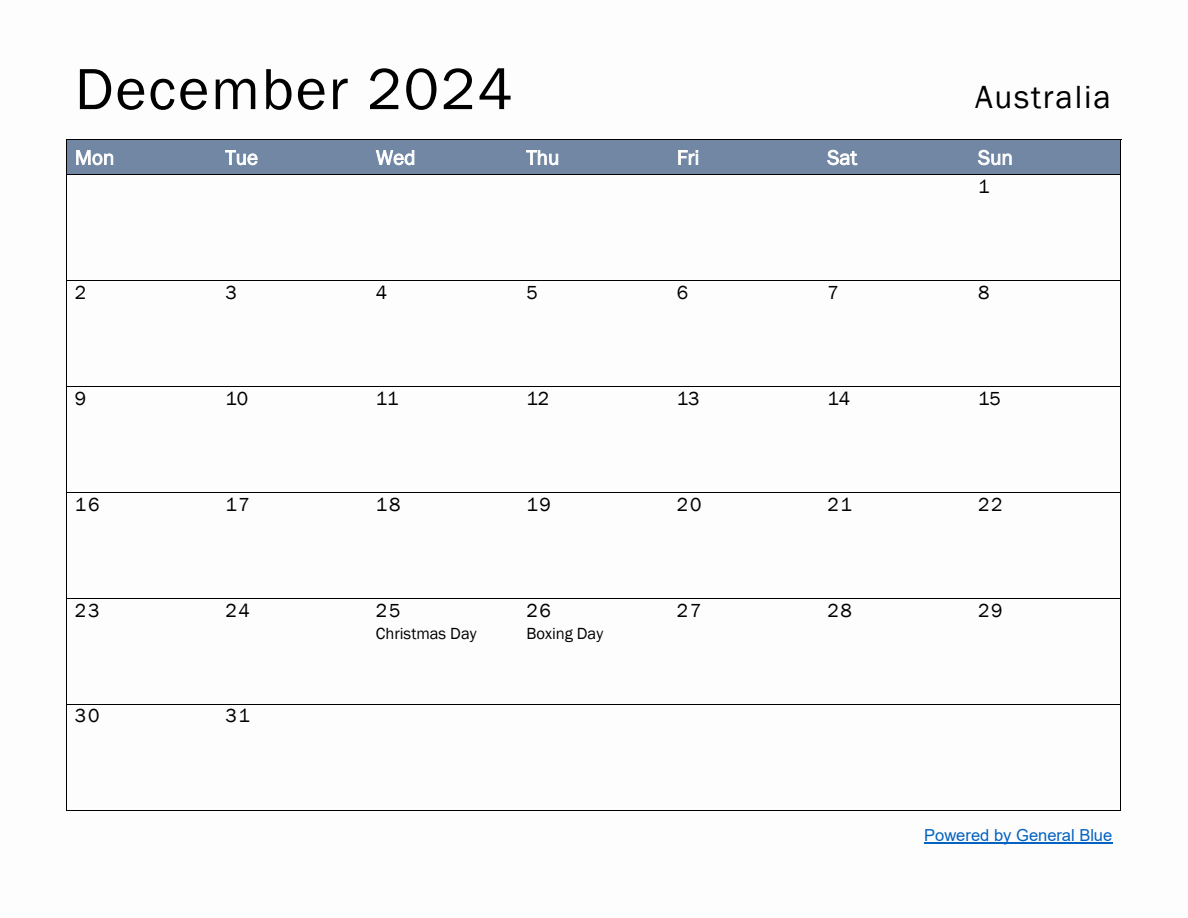 Free Monthly Calendar Template for December 2024 with Australia ...