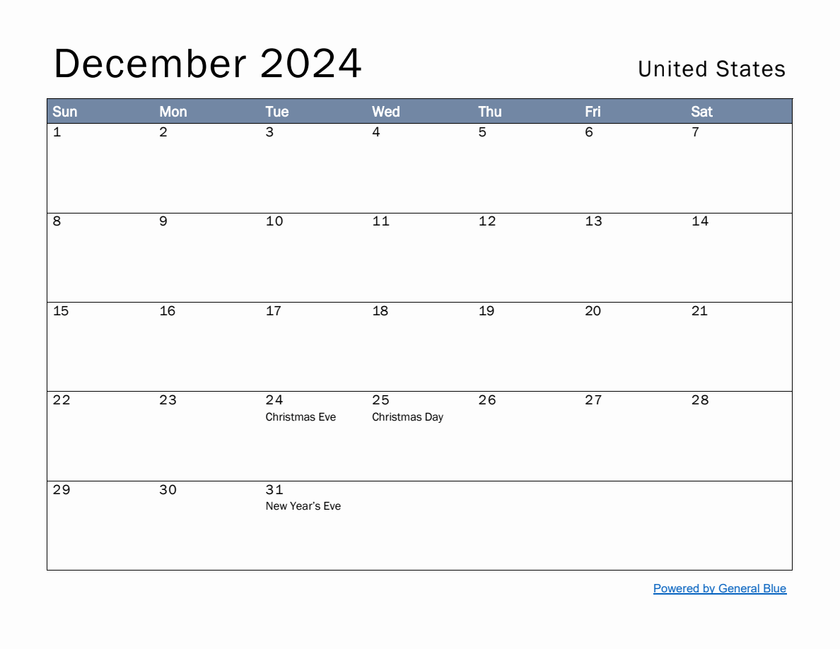 Free Monthly Calendar Template for December 2024 with United States ...