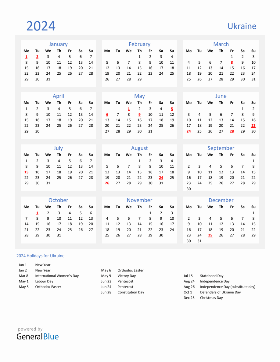 Basic Yearly Calendar with Holidays in Ukraine for 2024 - Monday Start
