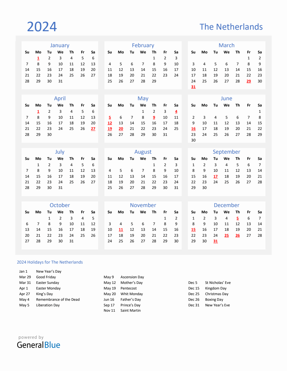 Basic Yearly Calendar with Holidays in The Netherlands for 2024