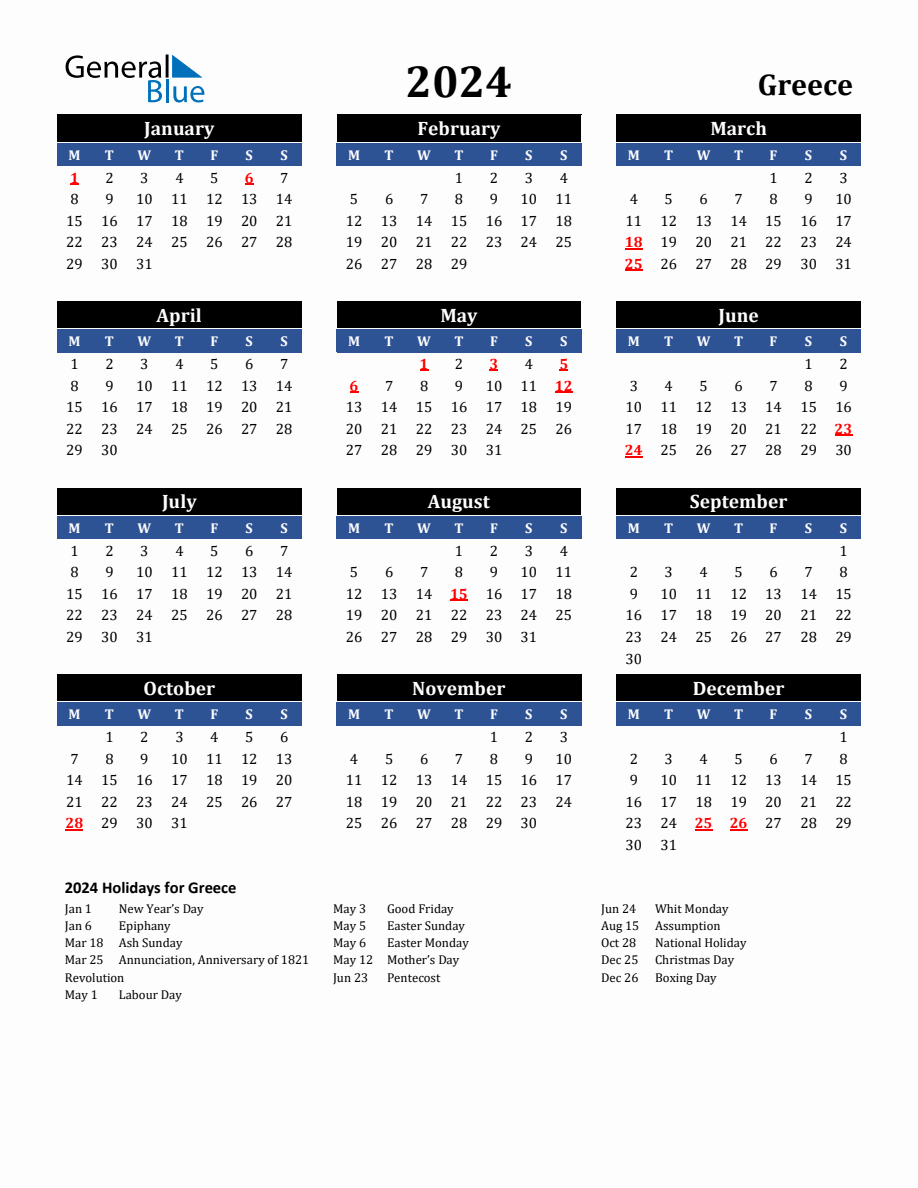 2024 Greece Holiday Calendar - Monday Start