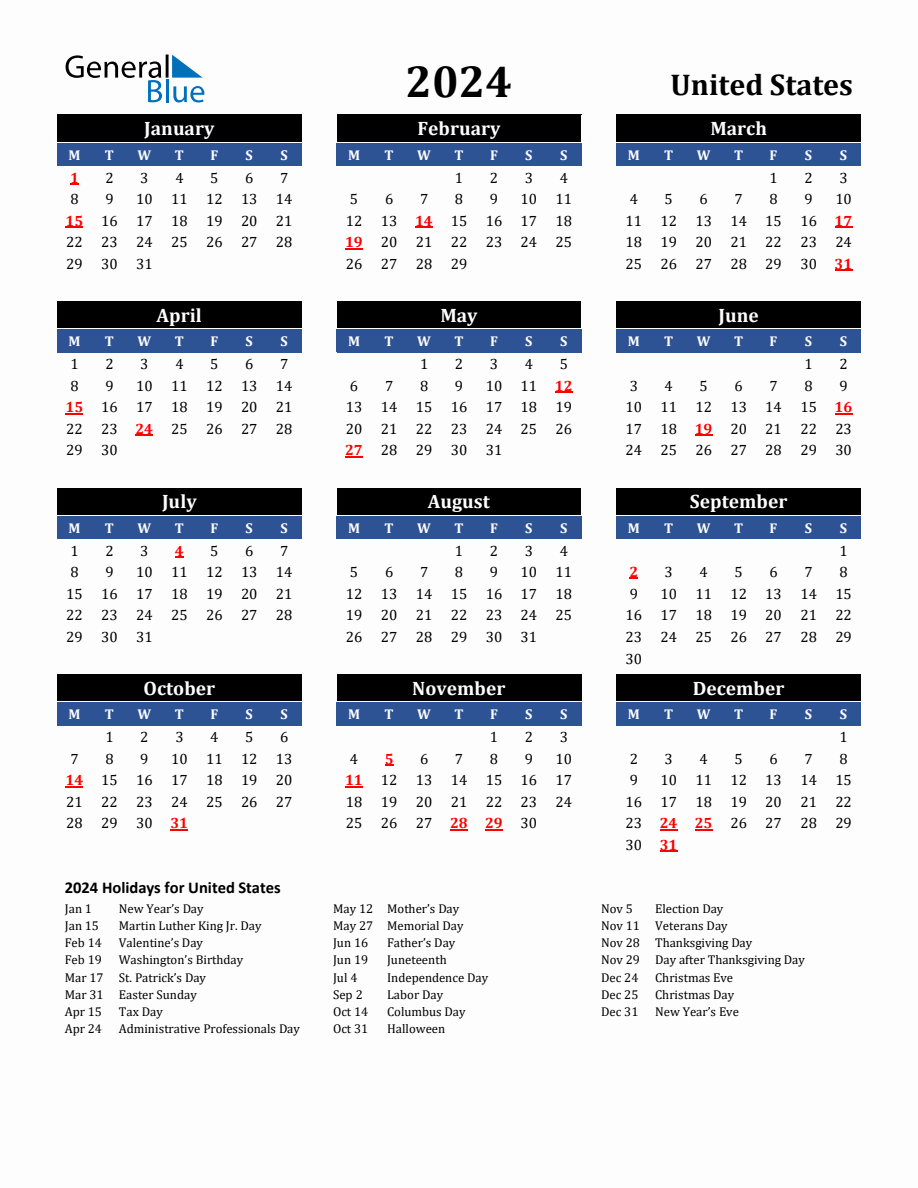 2024 United States Holiday Calendar - Monday Start