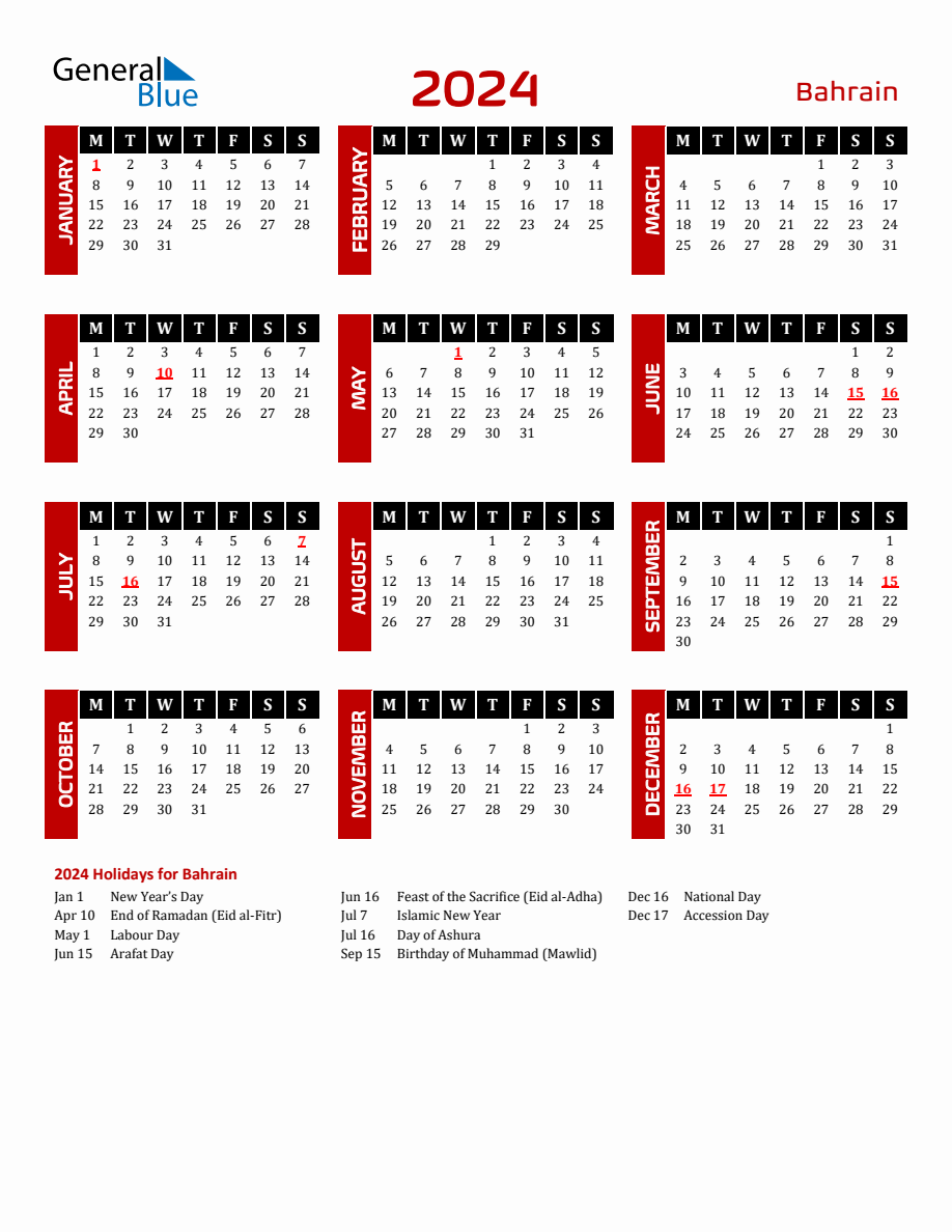 Bahrain 2024 Yearly Calendar Downloadable - Monday Start