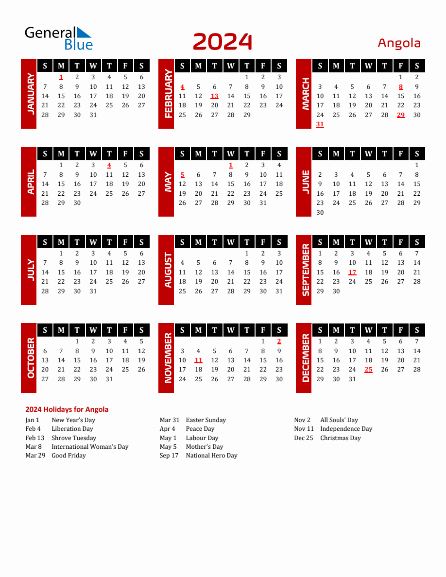 Angola 2024 Yearly Calendar Downloadable
