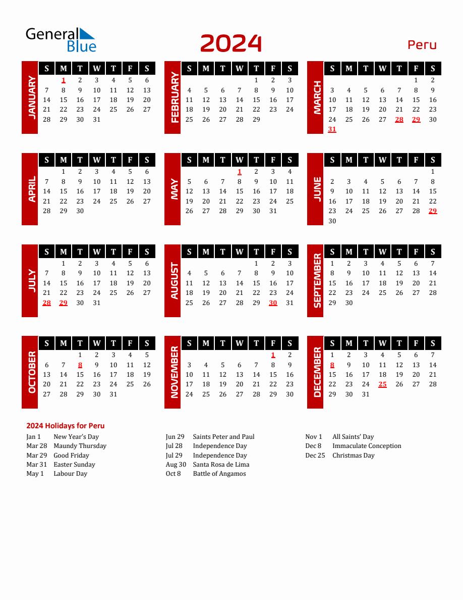 Peru 2024 Yearly Calendar Downloadable