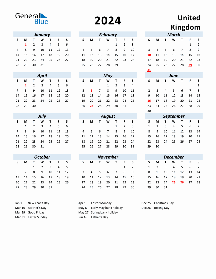 2024 Yearly Calendar for United Kingdom with Holidays