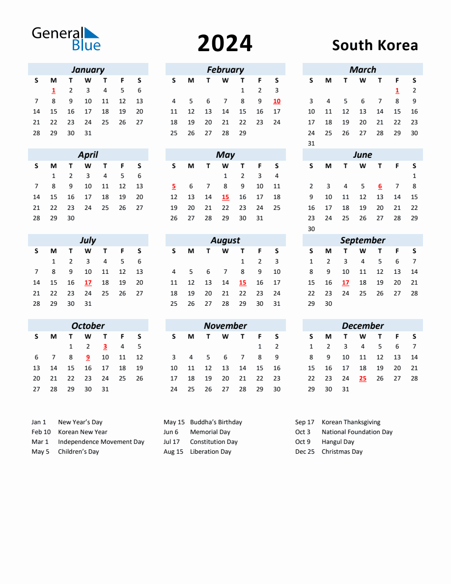 2024 Yearly Calendar for South Korea with Holidays