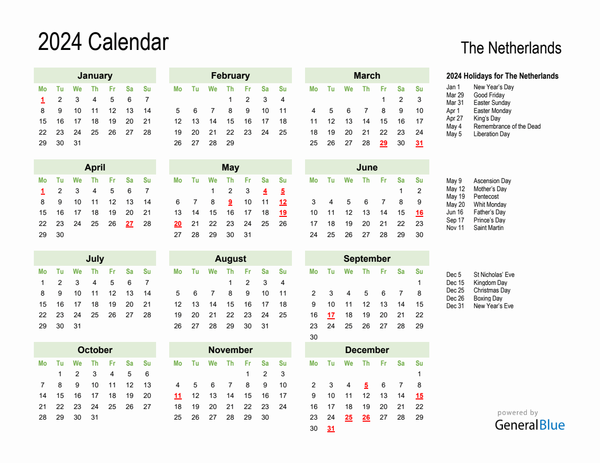 Holiday Calendar 2024 for The Netherlands - Monday Start