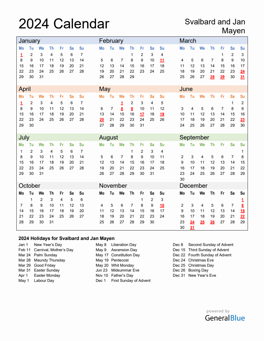 Annual Calendar 2024 with Svalbard and Jan Mayen Holidays - Monday Start