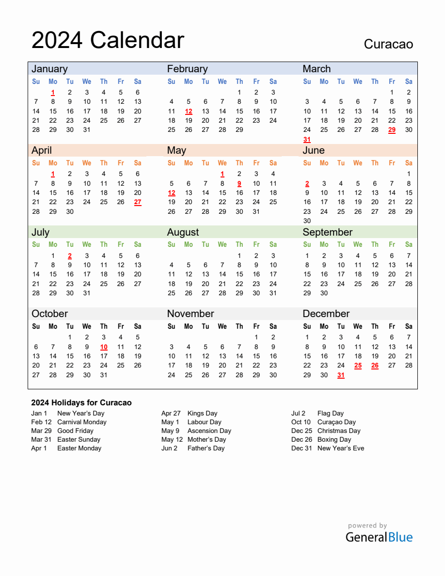 Annual Calendar 2024 with Curacao Holidays