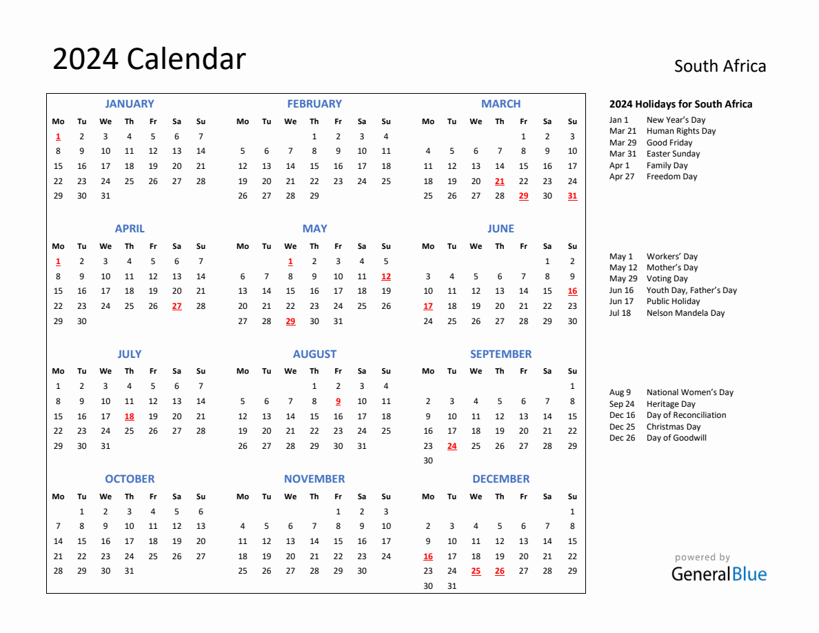 2024 Calendar with Holidays for South Africa - Monday Start