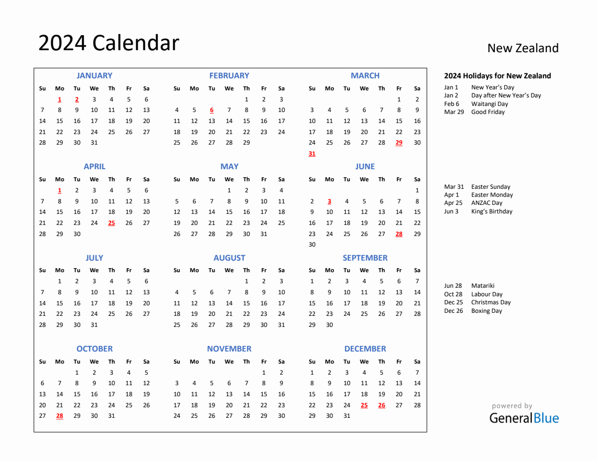 2024 Calendar with Holidays for New Zealand