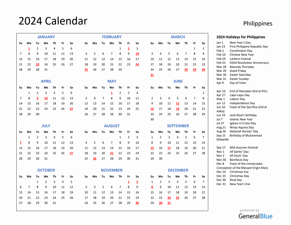 2024 Calendar with Holidays for Philippines