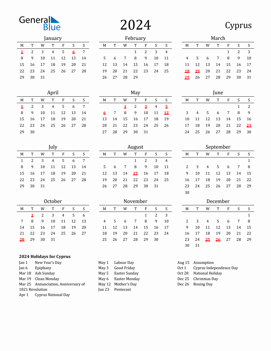 Free Cyprus Holidays Calendar for Year 2024 - Monday Start