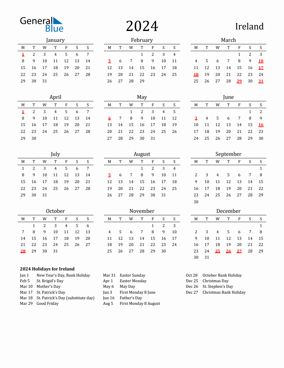 Free Ireland Holidays Calendar for Year 2024 - Monday Start