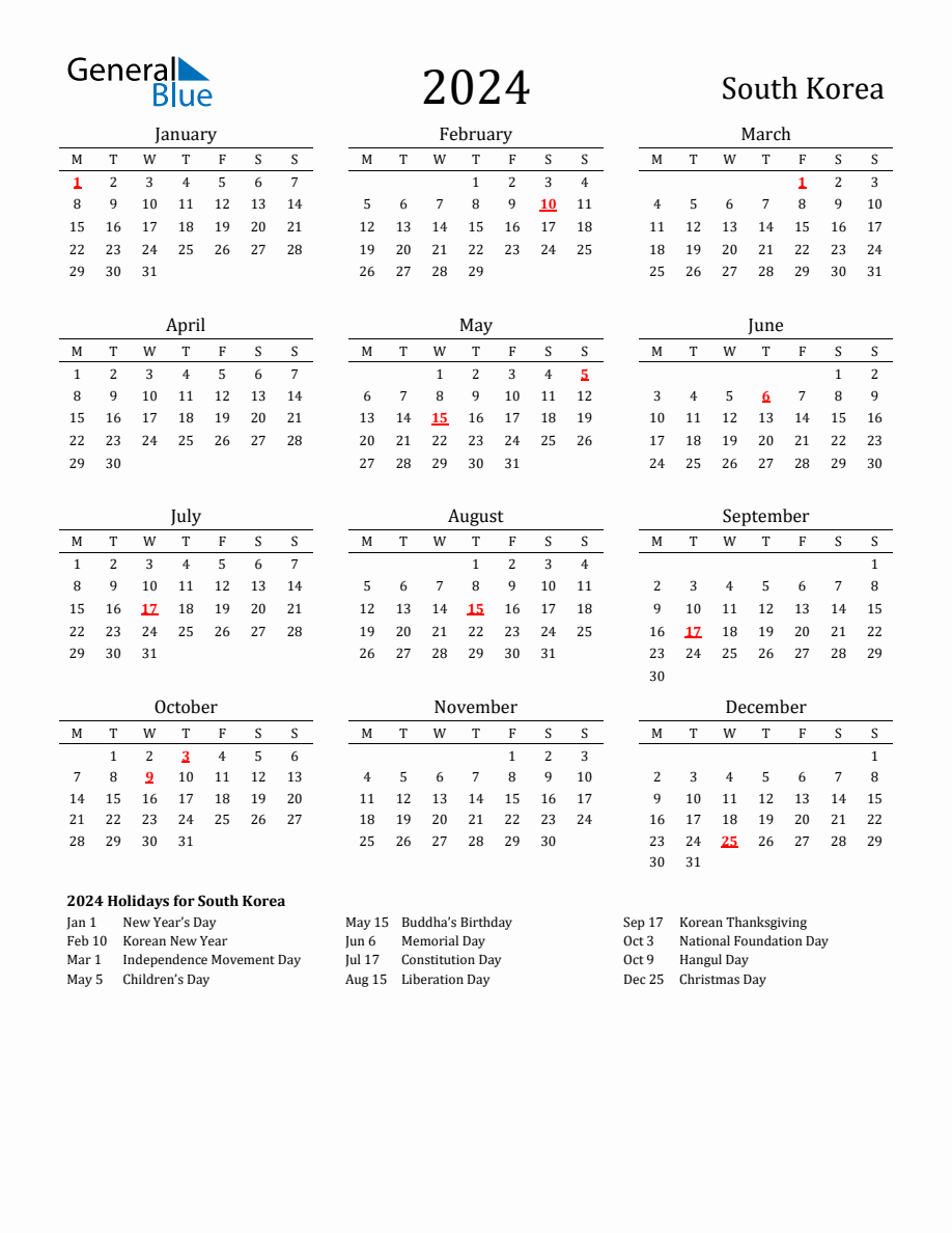 Free South Korea Holidays Calendar for Year 2024 - Monday Start