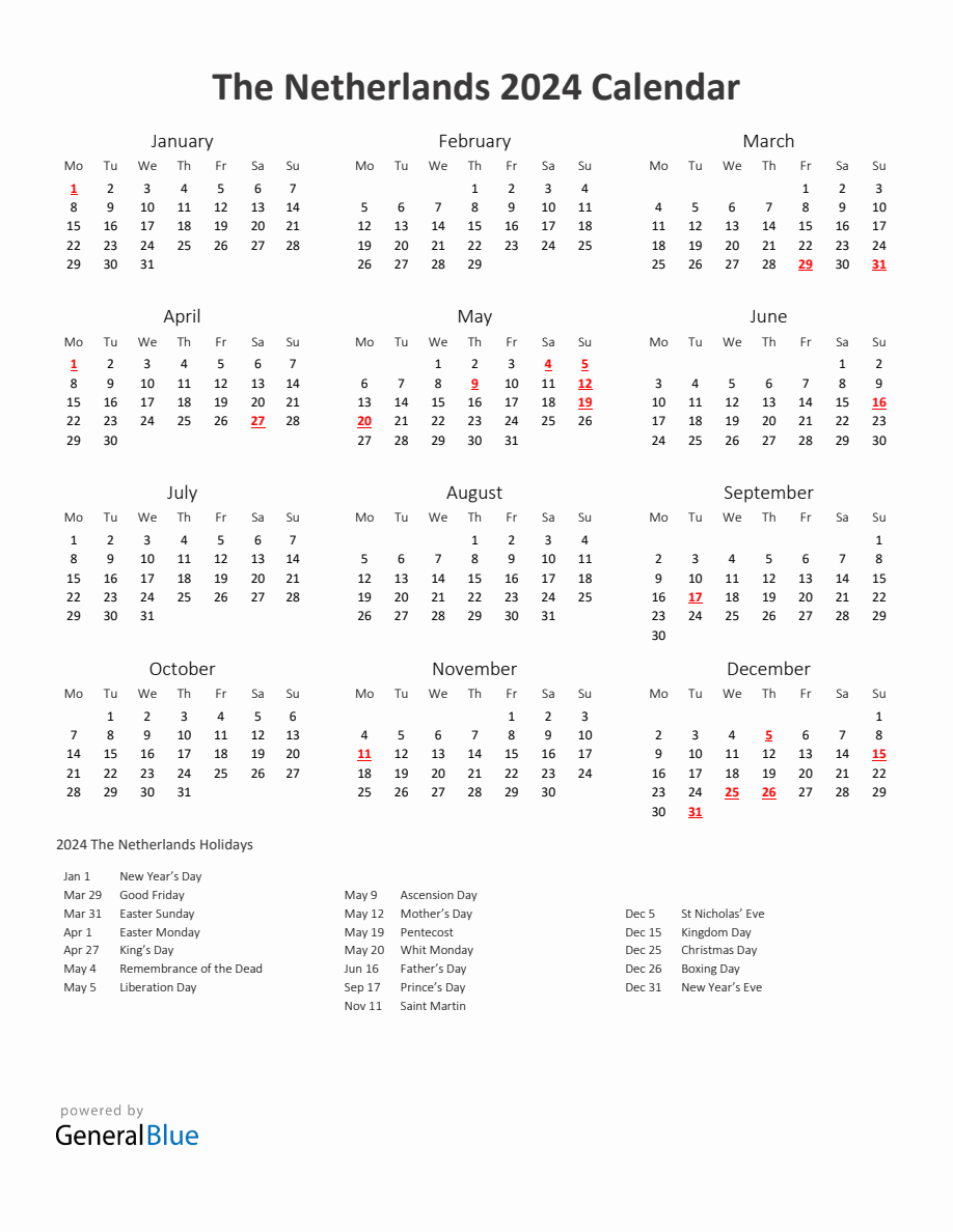 2024 Yearly Calendar Printable With The Netherlands Holidays - Monday Start