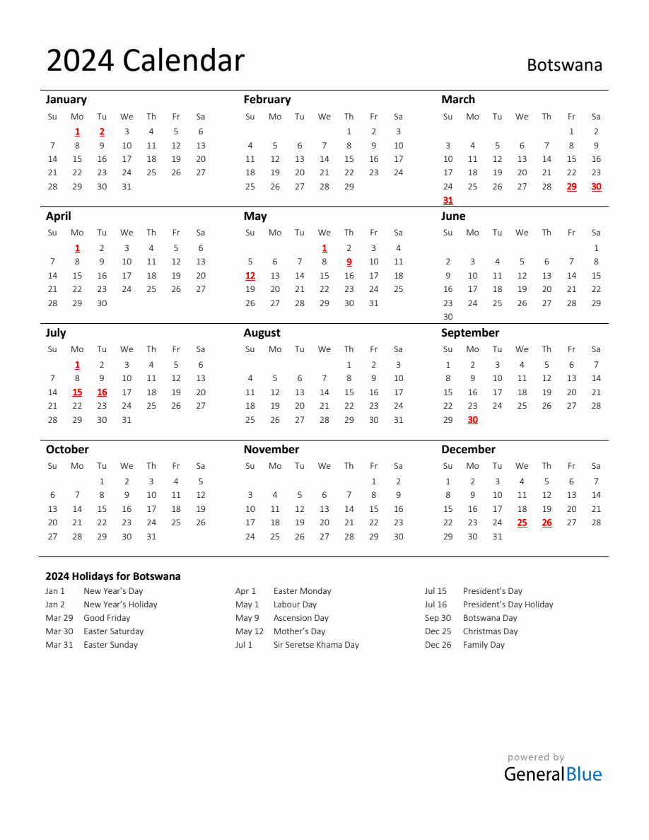 Standard Holiday Calendar for 2024 with Botswana Holidays