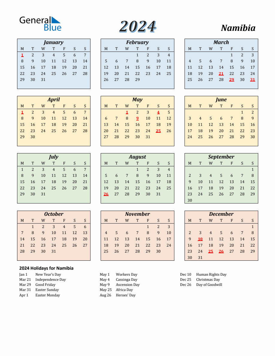 2024 Namibia Calendar - Monday Start