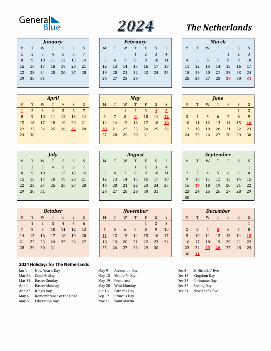 2024 The Netherlands Calendar - Monday Start