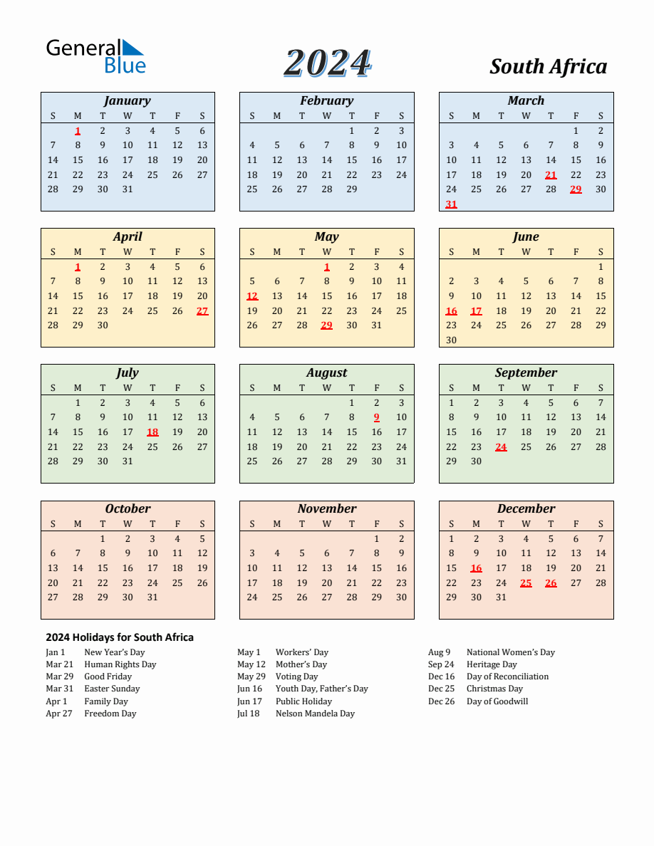 2024 South Africa Calendar