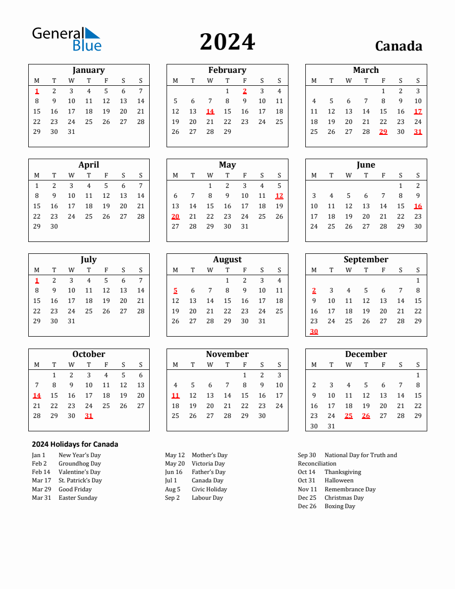 Free Printable 2024 Canada Holiday Calendar - Monday Start