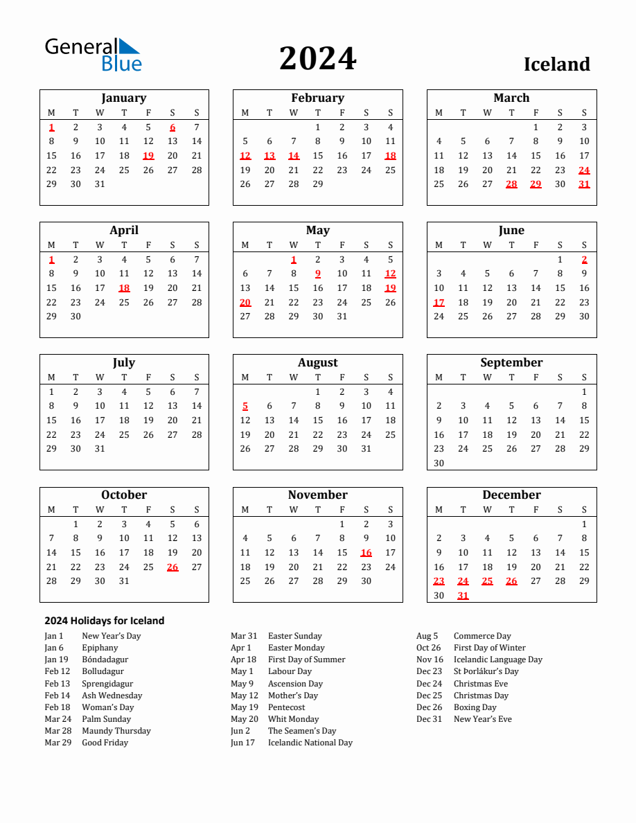 Free Printable 2024 Iceland Holiday Calendar - Monday Start