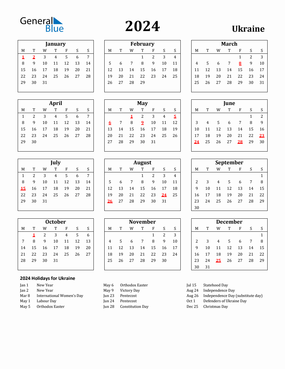 Free Printable 2024 Ukraine Holiday Calendar - Monday Start