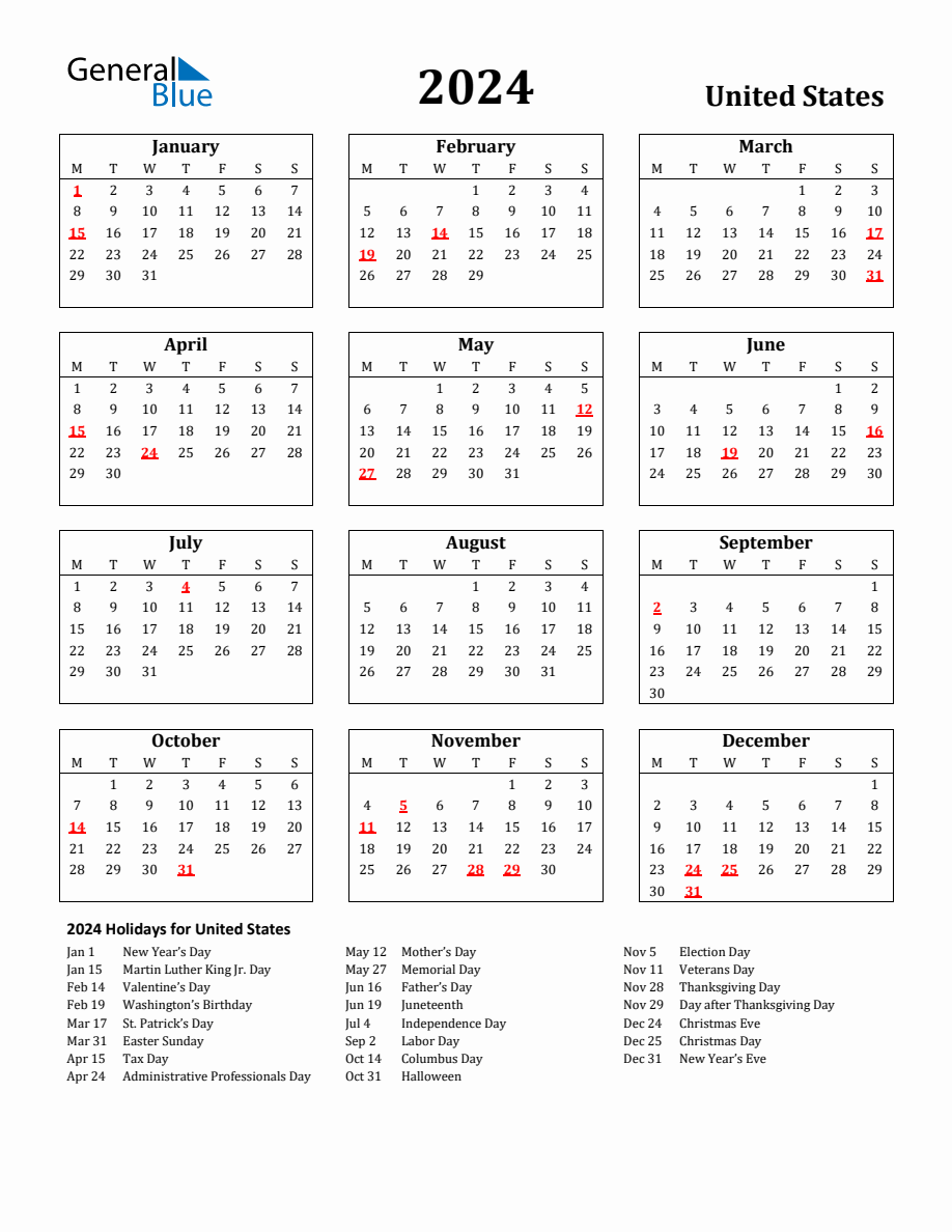 Free Printable 2024 United States Holiday Calendar - Monday Start