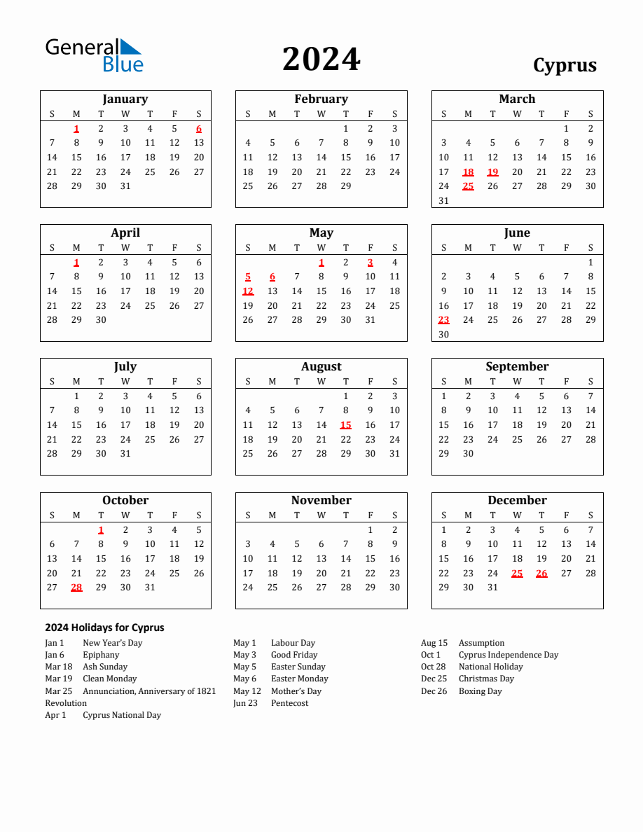 Free Printable 2024 Cyprus Holiday Calendar
