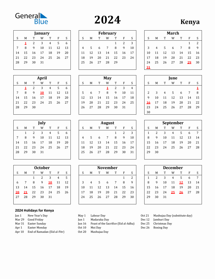 Free Printable 2024 Kenya Holiday Calendar