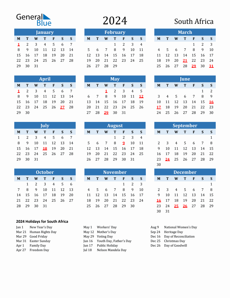 2024 Printable Calendar with South Africa Holidays - Monday Start