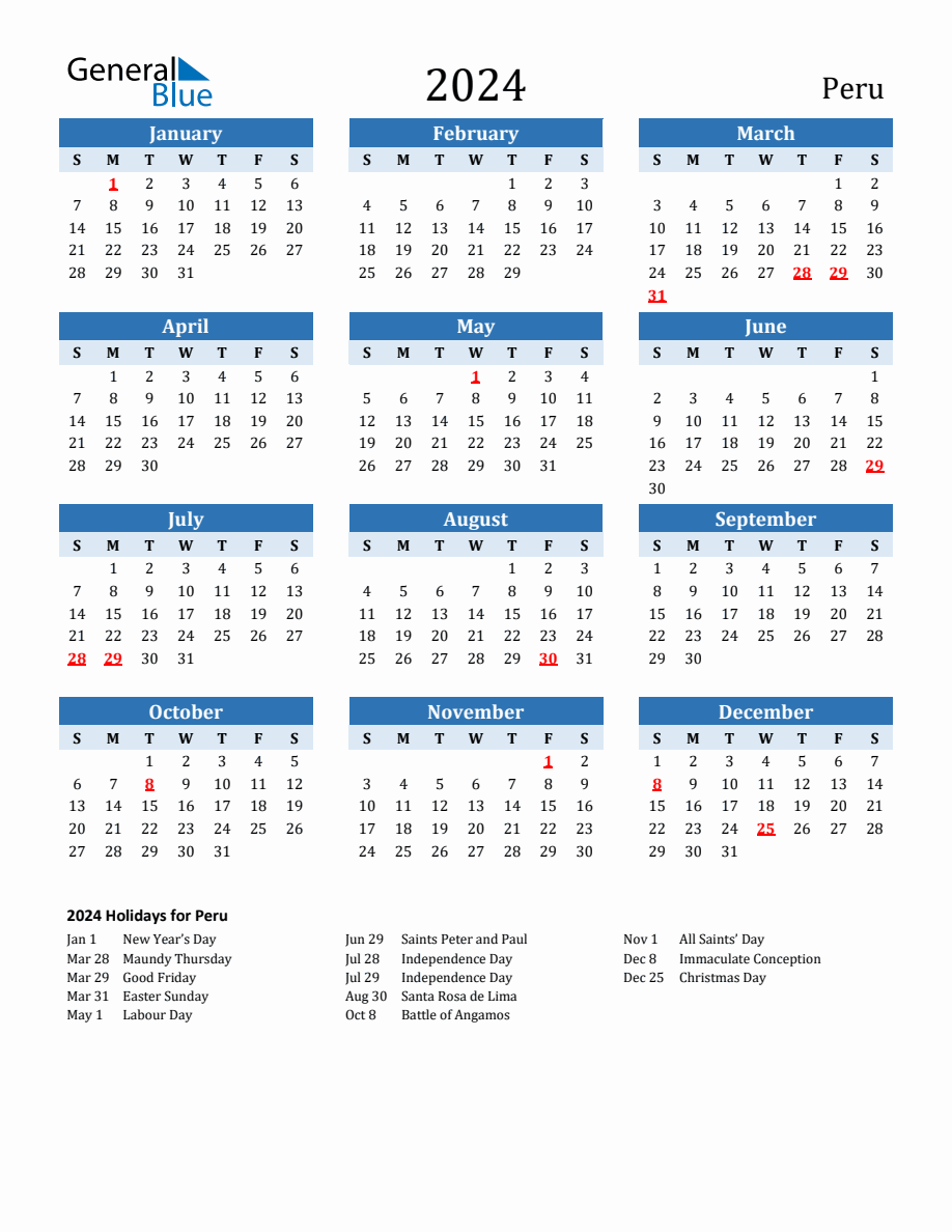 2024 Printable Calendar with Peru Holidays
