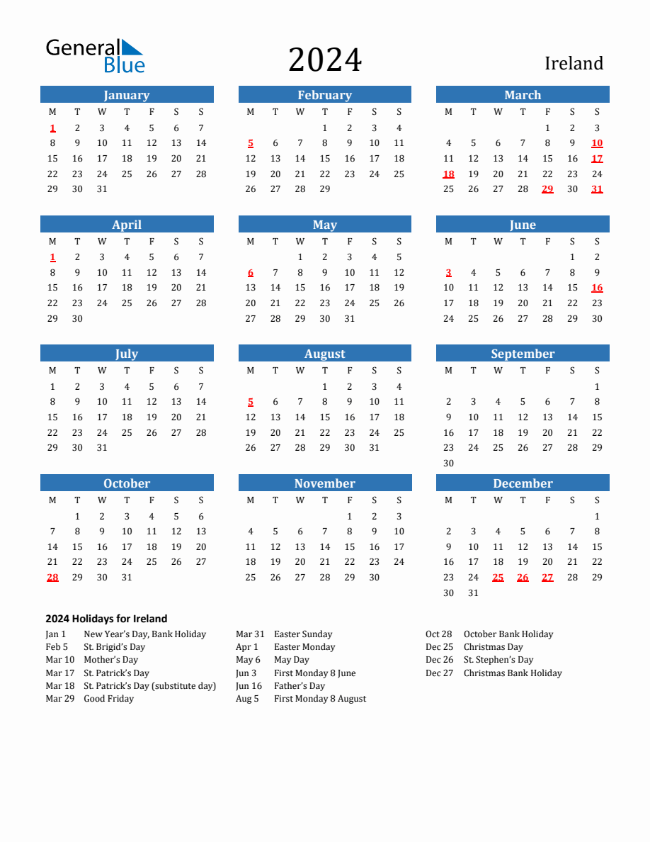 Ireland 2024 Calendar with Holidays - Monday Start