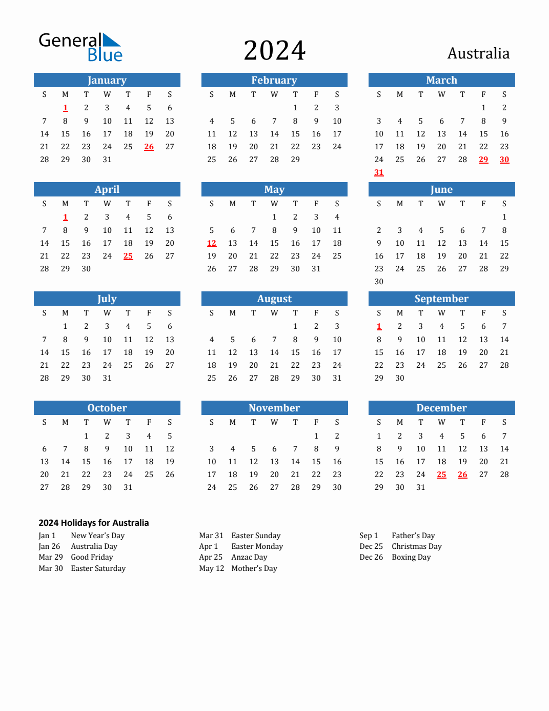 2024 Australia Calendar with Holidays