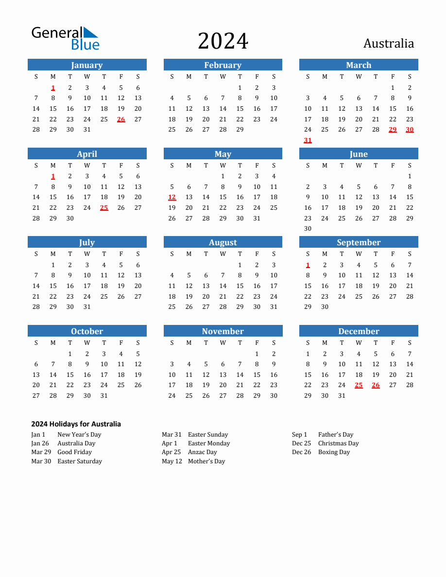 Australia 2024 Calendar with Holidays