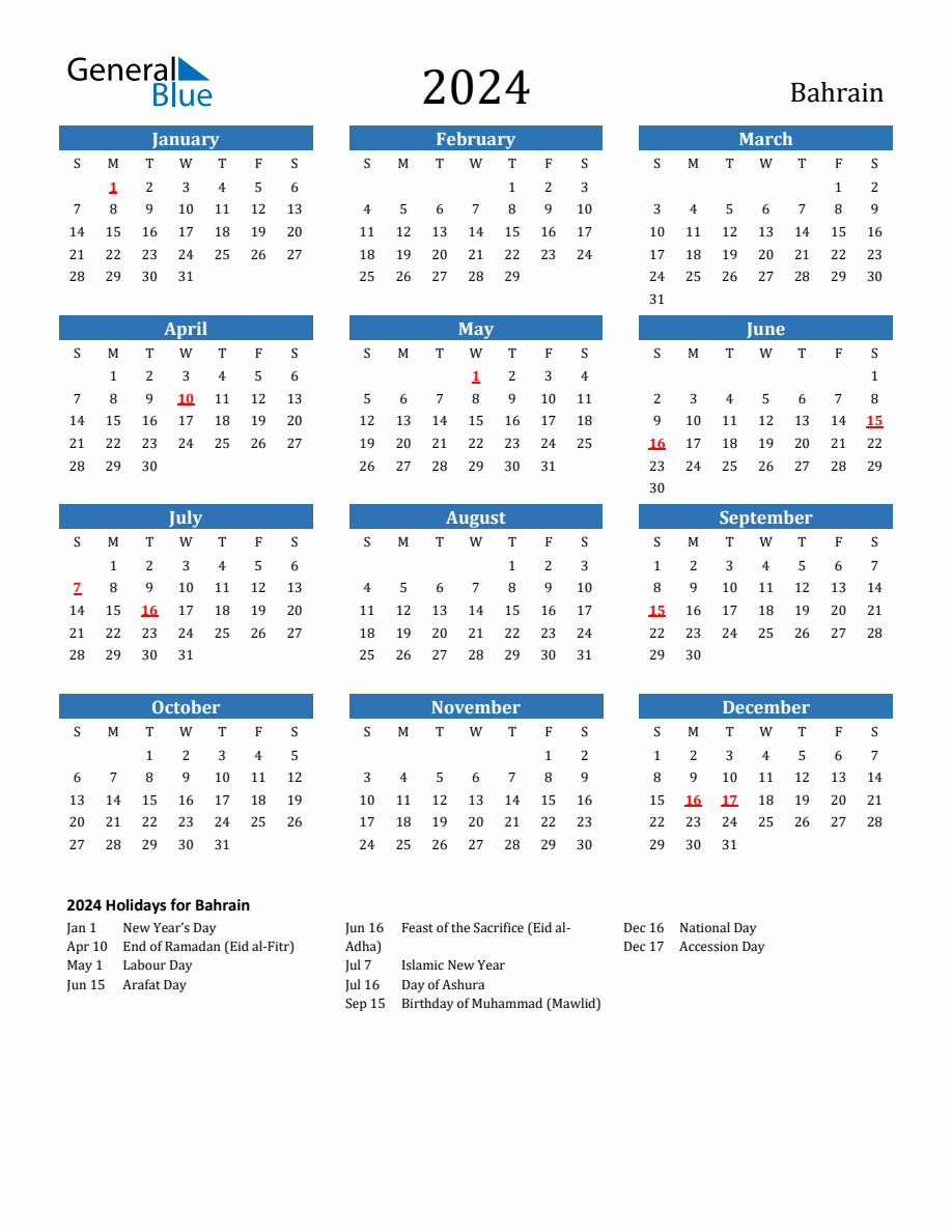 Bahrain 2024 Calendar with Holidays