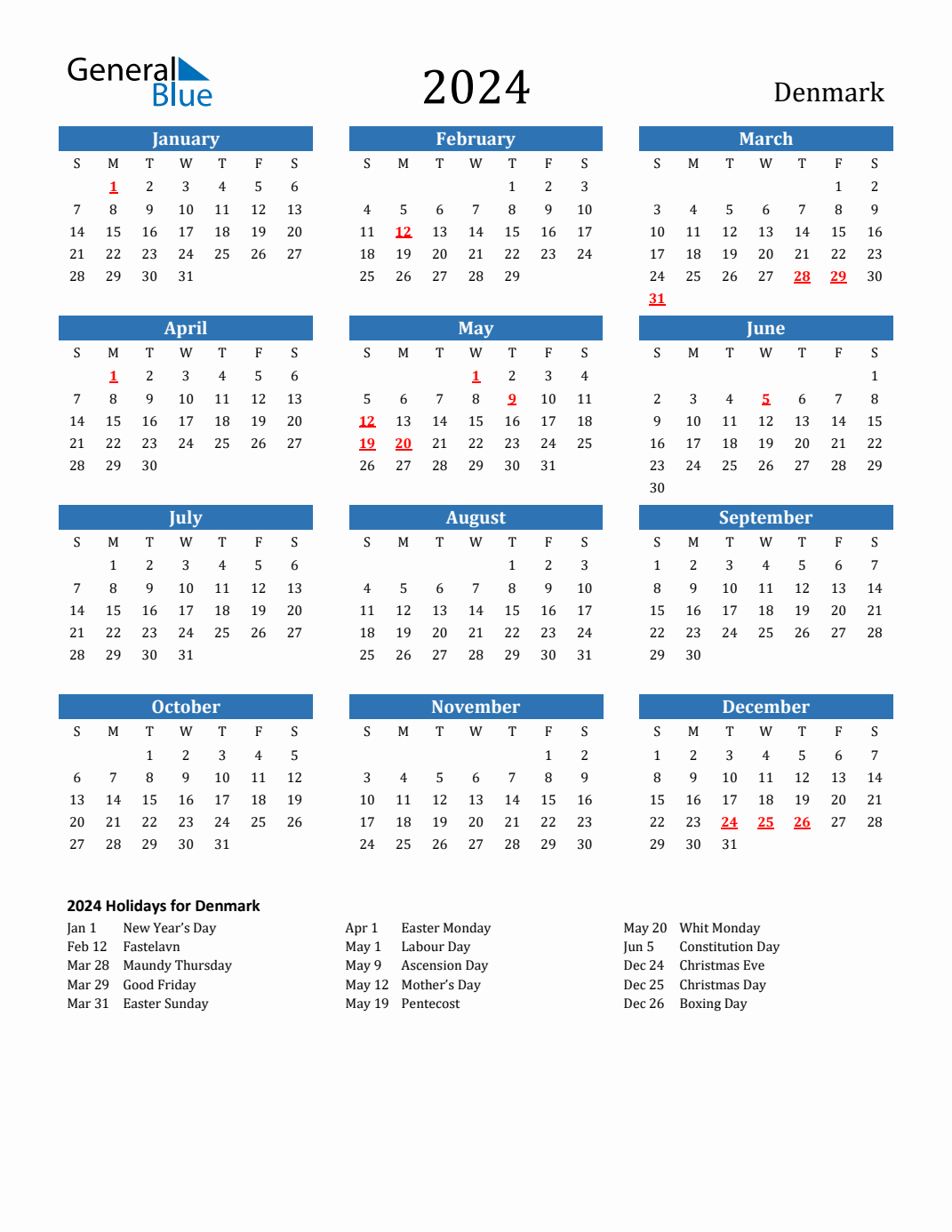 2024 Denmark Calendar with Holidays
