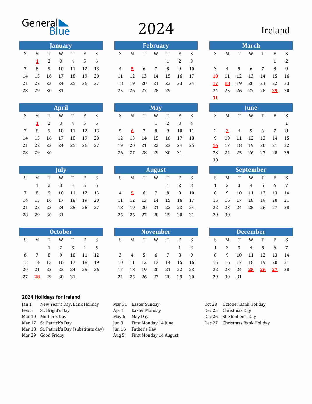 2024 Ireland Calendar with Holidays