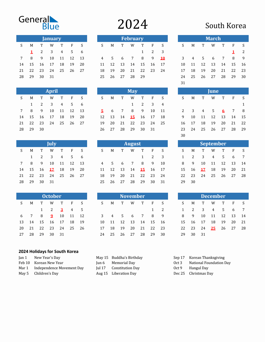 2024 South Korea Calendar with Holidays