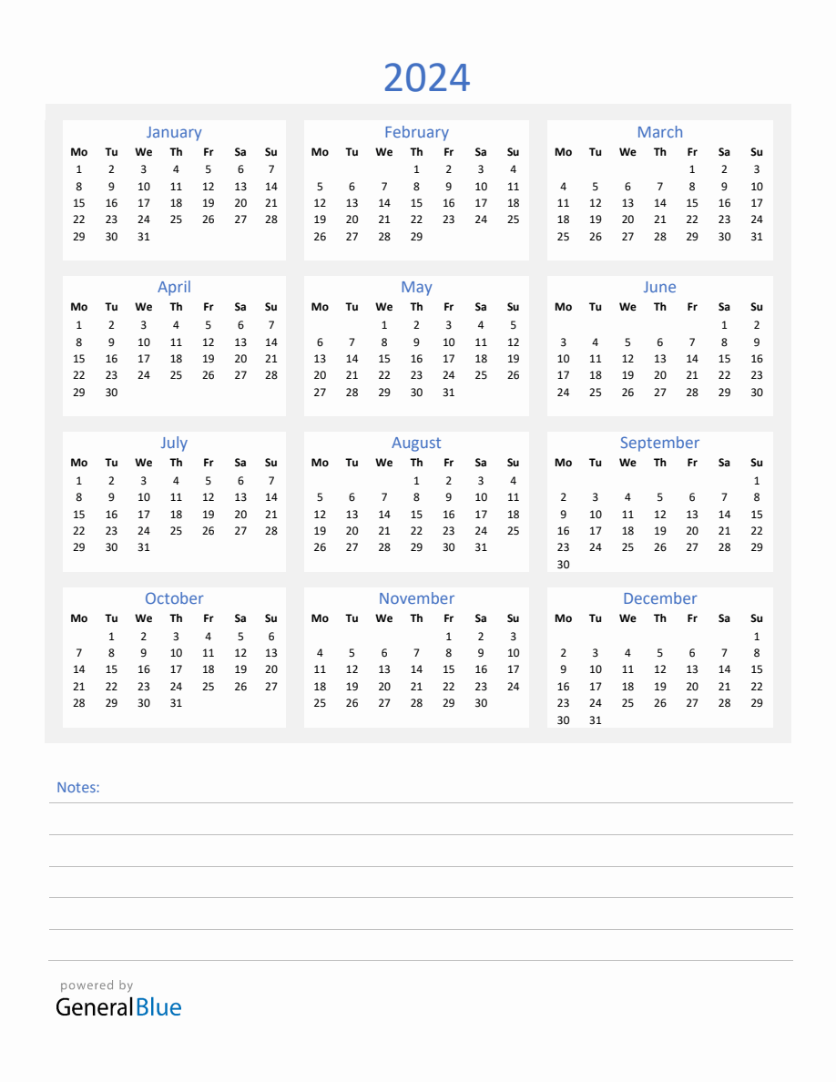 2024 Yearly Calendar with Notes with Monday Start