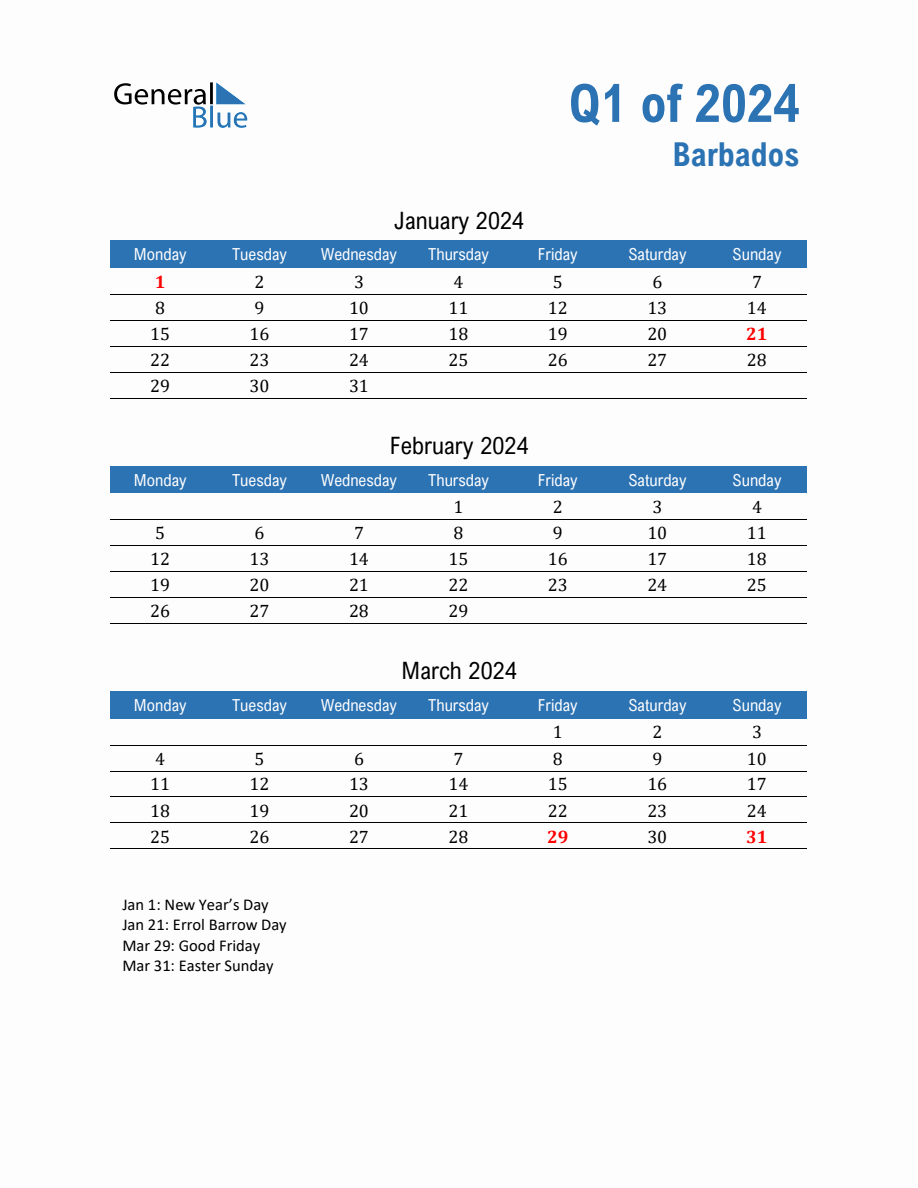 Barbados 2024 Quarterly Calendar with Monday Start